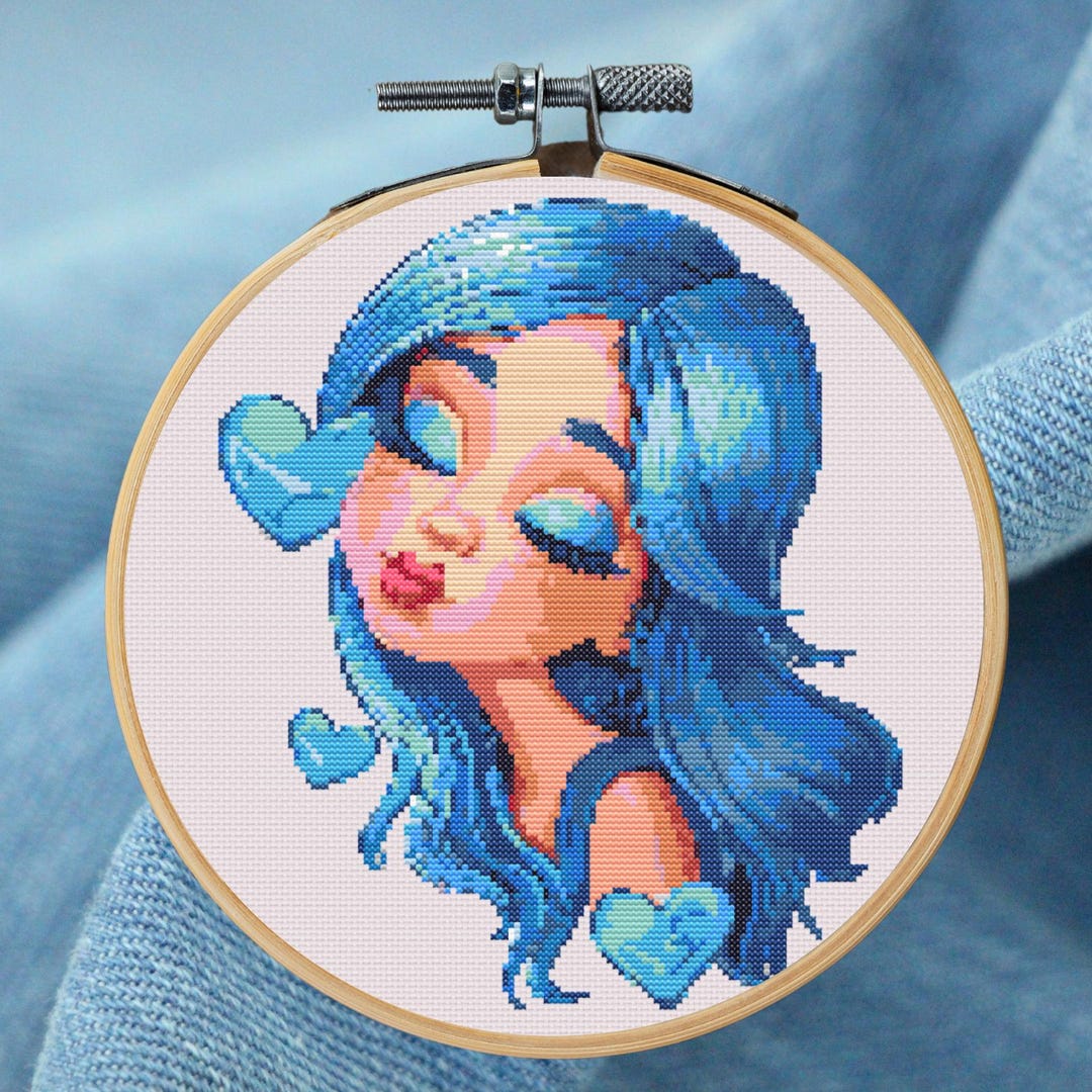 Blue-haired Beauty Cross Stitch Pattern - Whimsical Kisses Design- PDF ...