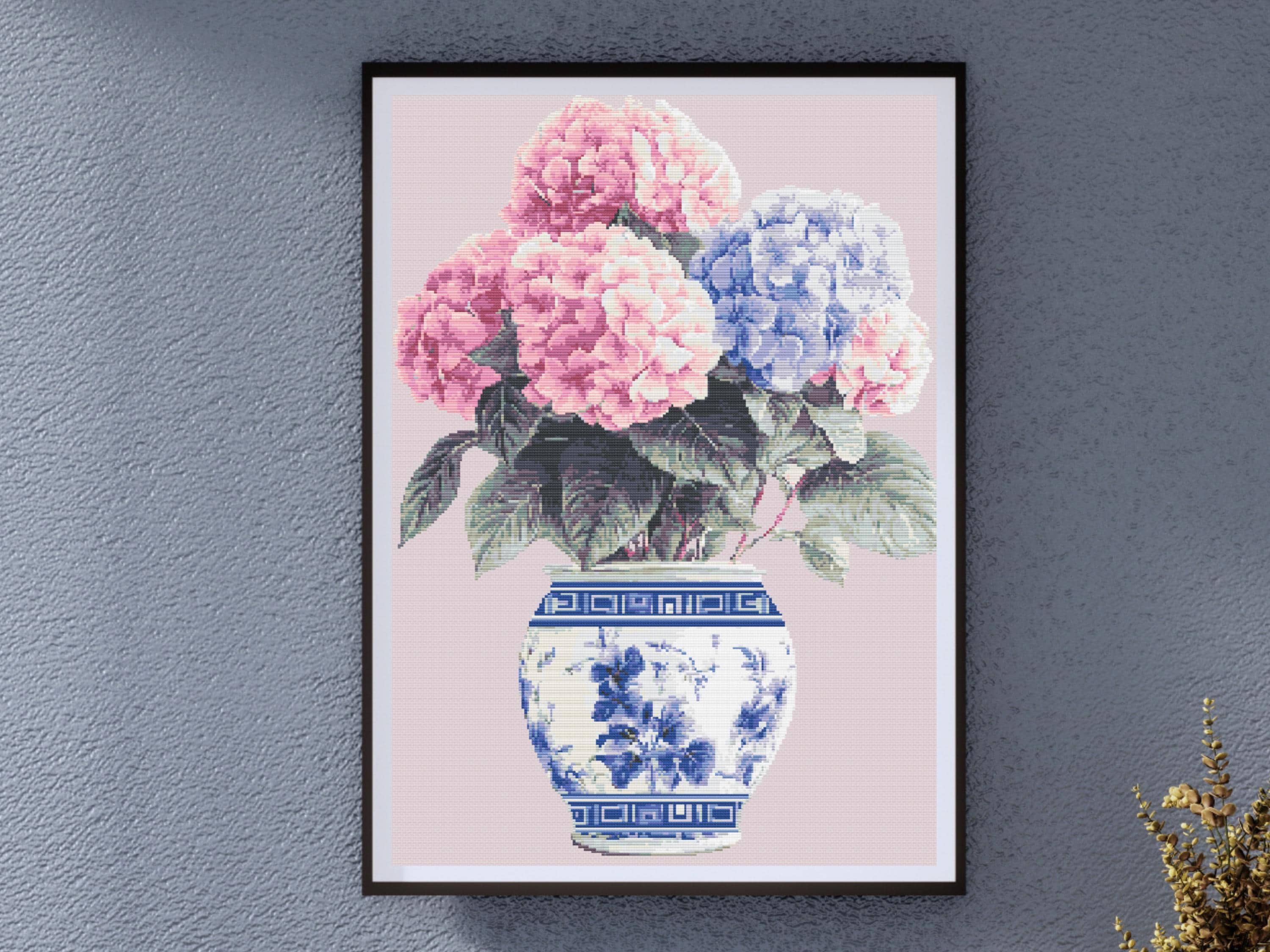 Floral Elegance in Delft Blue: Hydrangeas in a Classic Vase Cross ...