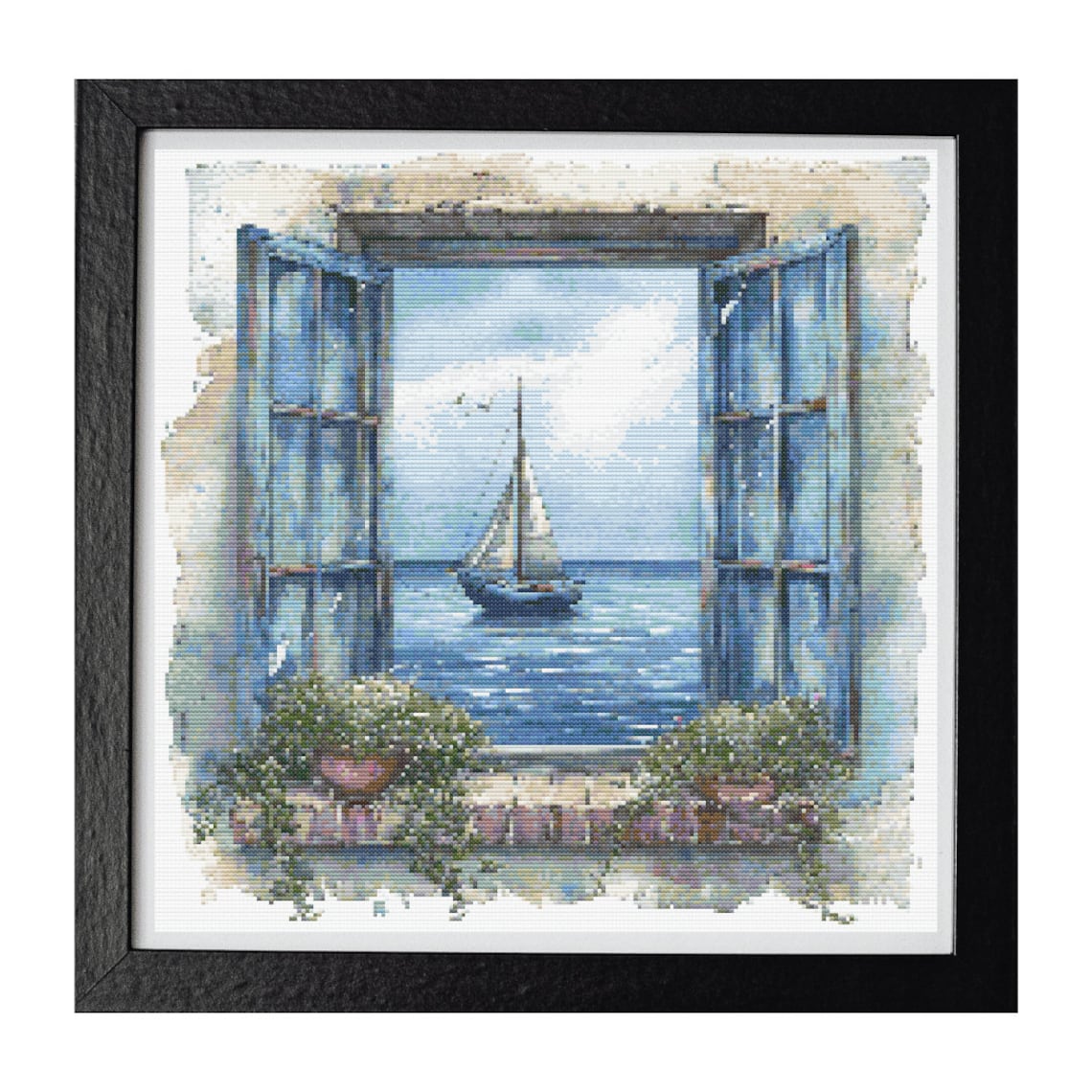 Sailboat View Through Window Cross Stitch Pattern - Nautical Coastal ...