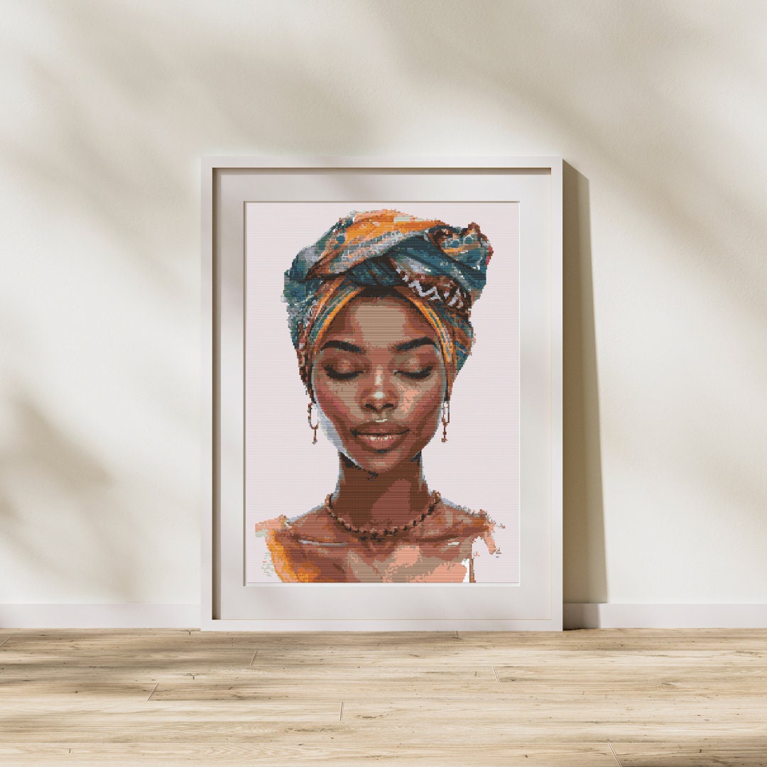 Radiant Serenity: African Woman Cross Stitch Pattern - Vibrant Cultural ...