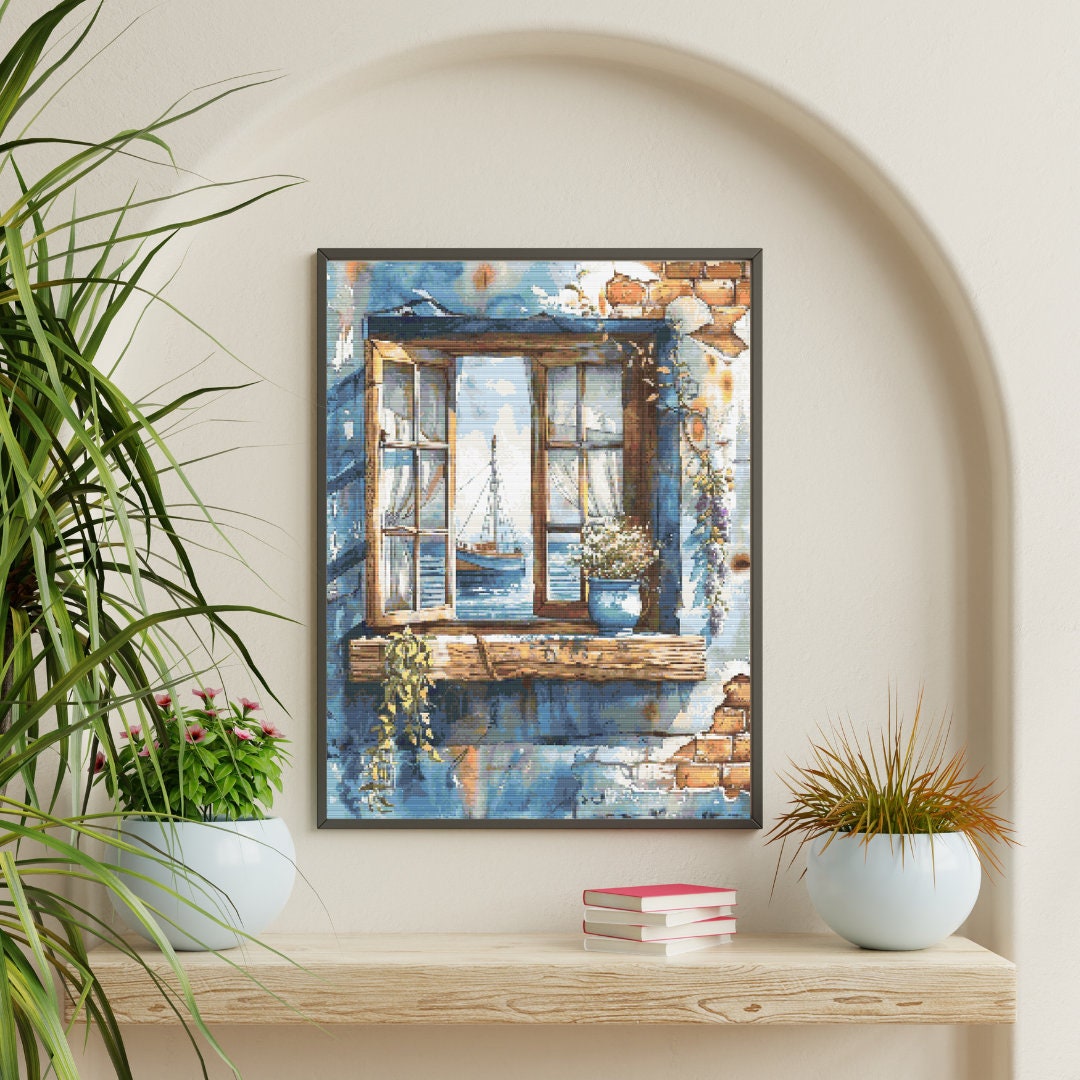 Rustic Window View Cross Stitch Pattern - Sailboat and Seaside Cottage ...