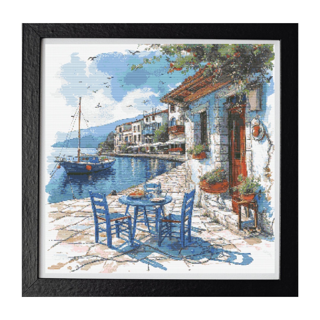 Greek Seaside Cafe Cross Stitch Pattern - Mediterranean Coastal Scene ...
