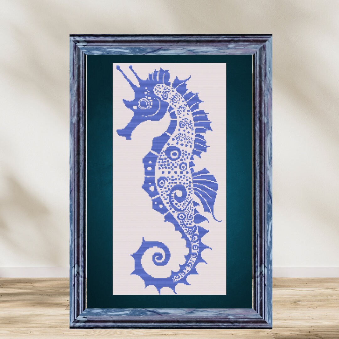 Blue Seahorse Cross Stitch Pattern Nautical Marine Art Design 130 X 270 ...