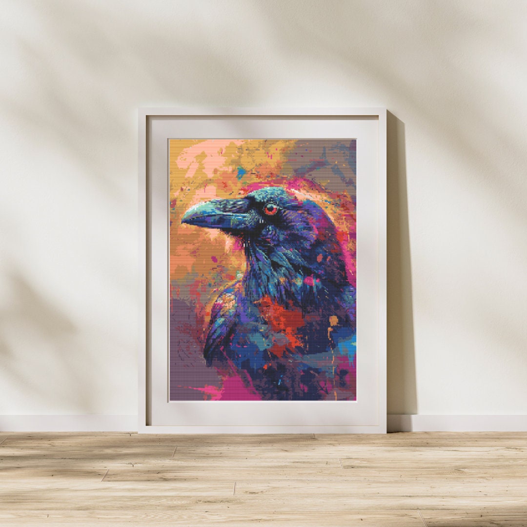 Colorful Raven Cross Stitch Pattern - Modern Wildlife Embroidery Design ...