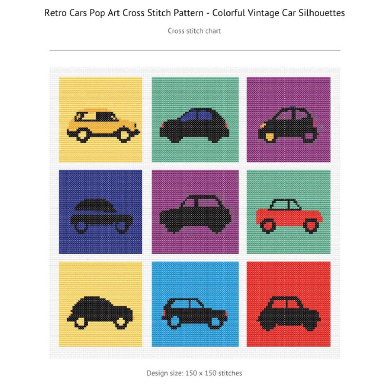 Retro Cars Pop Art Cross Stitch Pattern - Colorful Vintage Car ...