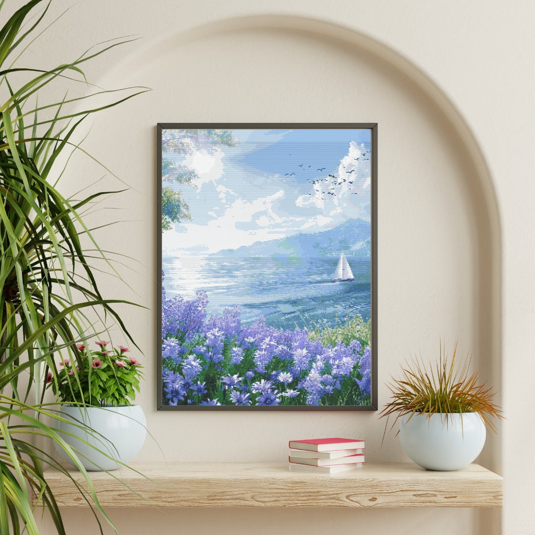 Lavender Lake Cross Stitch Pattern: Scenic Sailboat on a Serene Lake ...