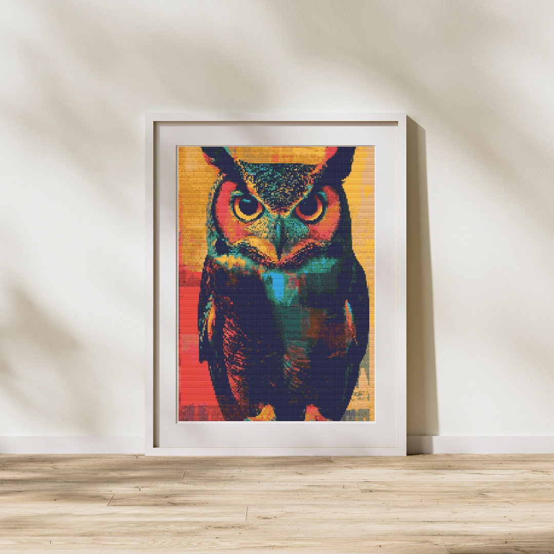 Mystic Vigilance: Vibrant Owl Cross Stitch Pattern. 168 X 300 Stitches ...