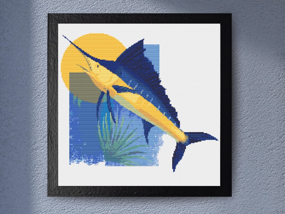Marlin Cross Stitch Pattern. Vibrant Blue and Yellow Sailfish Leaping ...