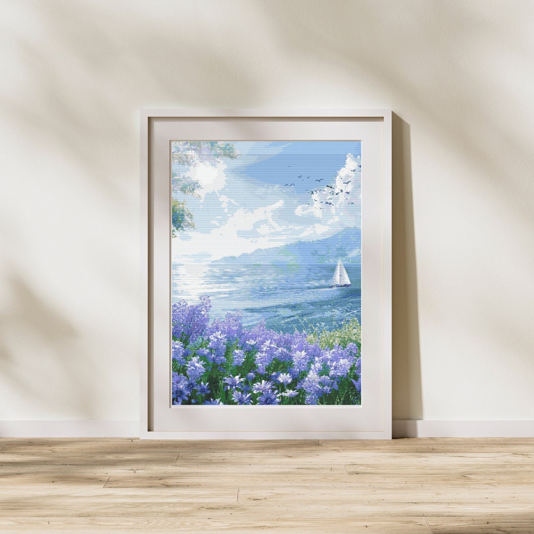 Lavender Lake Cross Stitch Pattern: Scenic Sailboat on a Serene Lake ...
