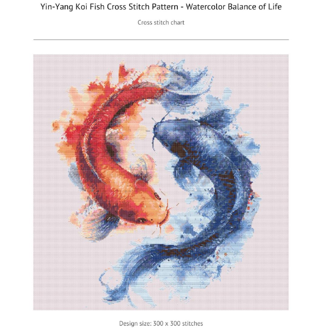 Yin-yang Koi Fish Cross Stitch Pattern - Watercolor Balance of Life ...