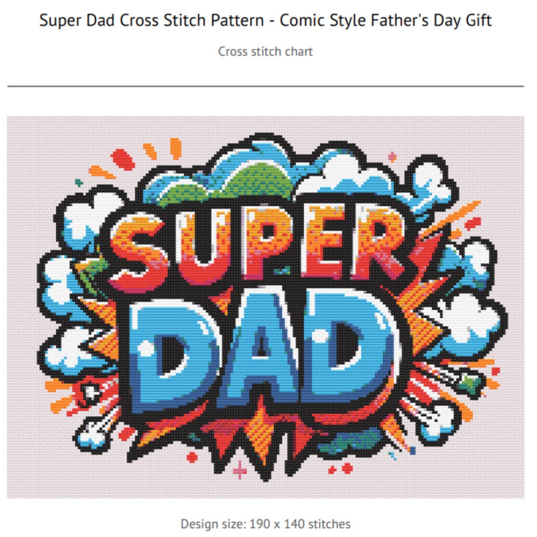 Super Dad Cross Stitch Pattern - Comic Style Father's Day Gift, 190 X ...