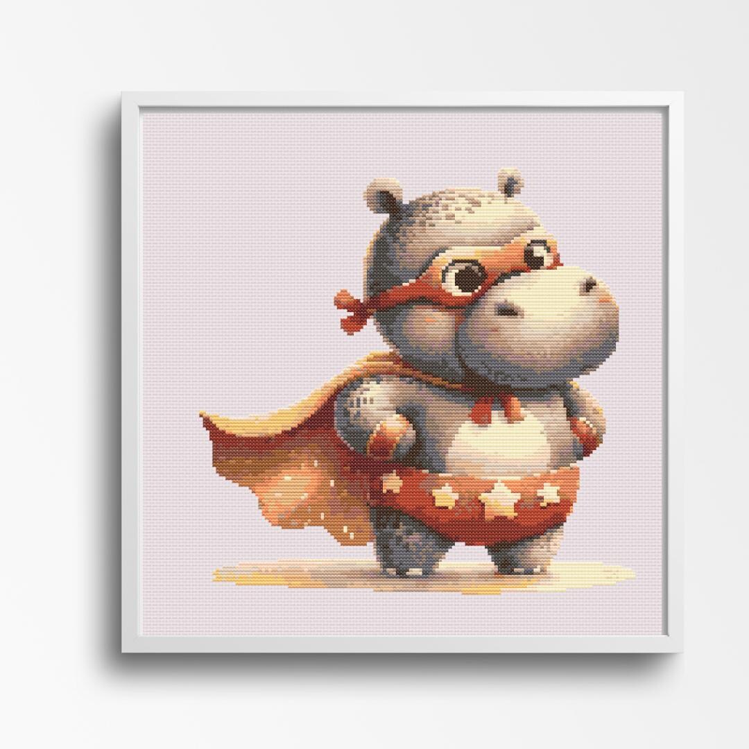 Hippo Cross Stitch Pattern, Super Hero Hippo, Baby Nursery Decor, Birth ...