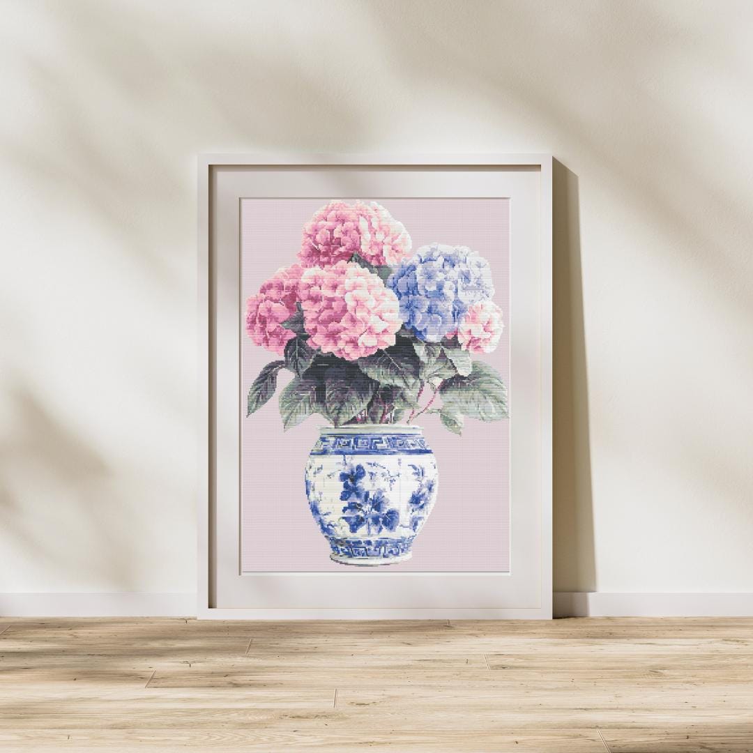 Floral Elegance in Delft Blue: Hydrangeas in a Classic Vase Cross ...