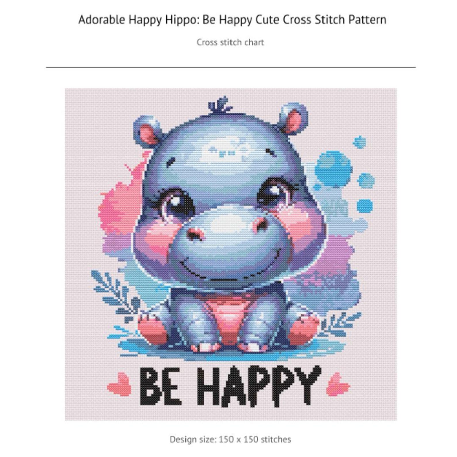 Happy Hippo Cross Stitch Pattern - Charming Wildlife Design, Ideal for ...
