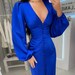Electric Blue Satin Midi Bodycon Dress With Front Buttons and Wide ...