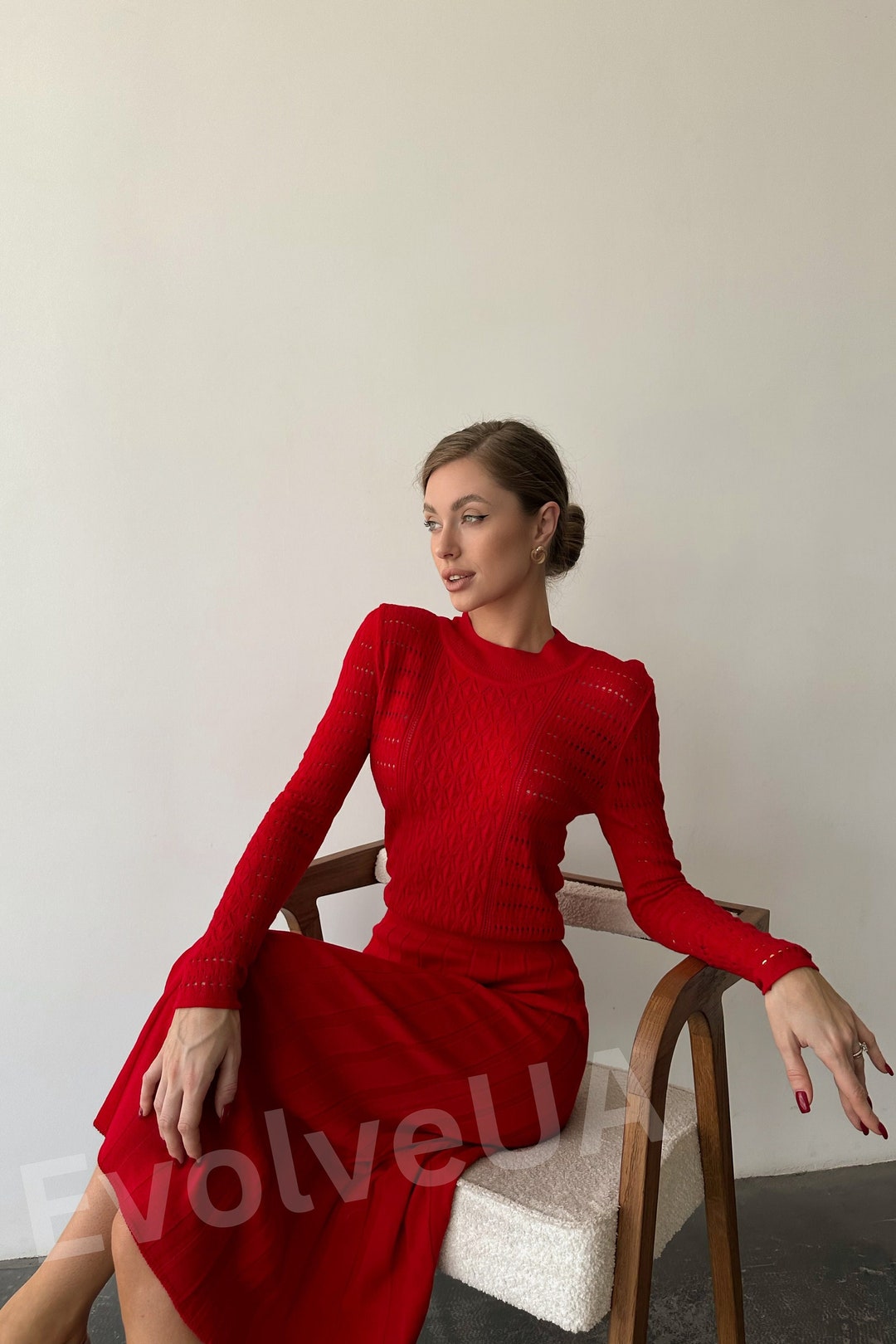 Red Midi Hollow Out Dress With Pleated Skirt, Cherry Red Knit Modest ...