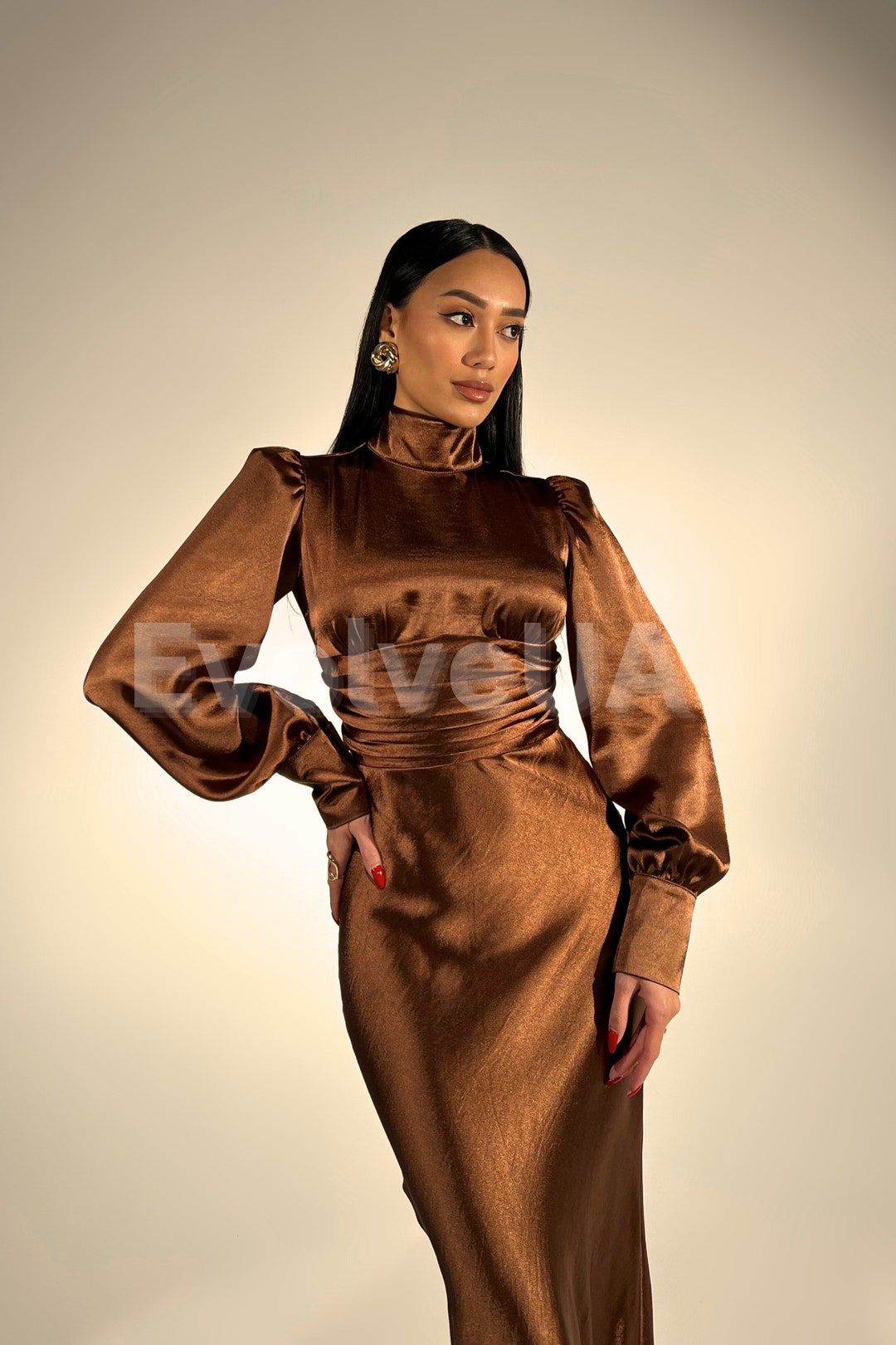 Silk Open Back Dress with Long Sleeves, Copper Silk Midi Dress Bishop ...