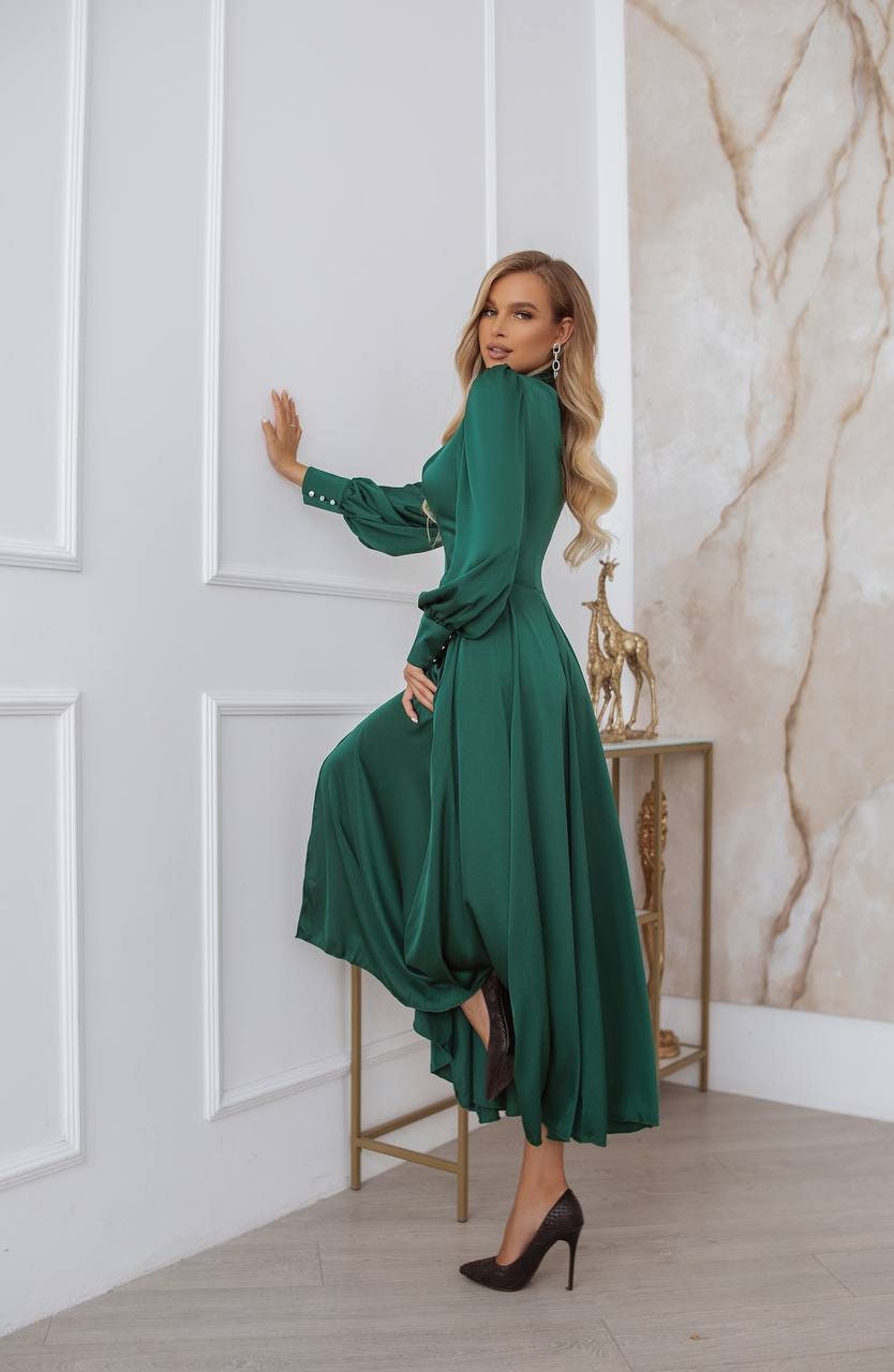 Emerald Green Silk Midi Dress Silk Modest Dress for Women - Etsy