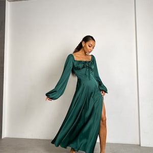 Emerald Green Silk Maxi Dress With Side Slit and Bishop - Etsy