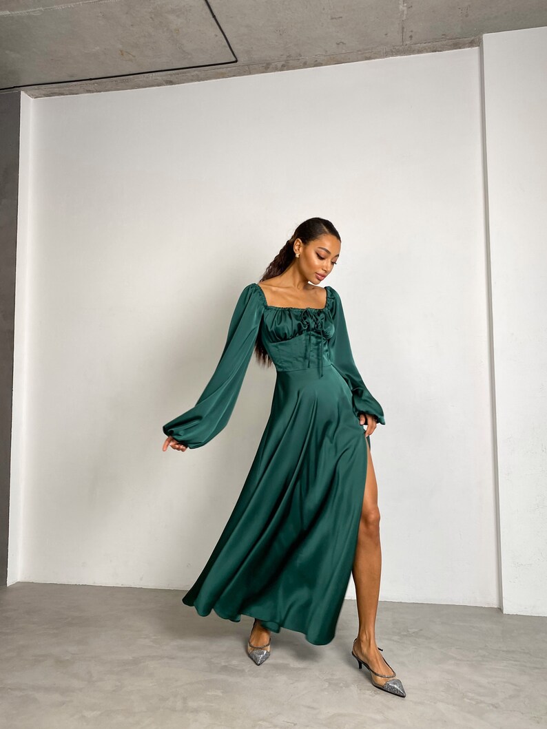 Emerald Green Silk Maxi Dress With Side Slit and Bishop - Etsy