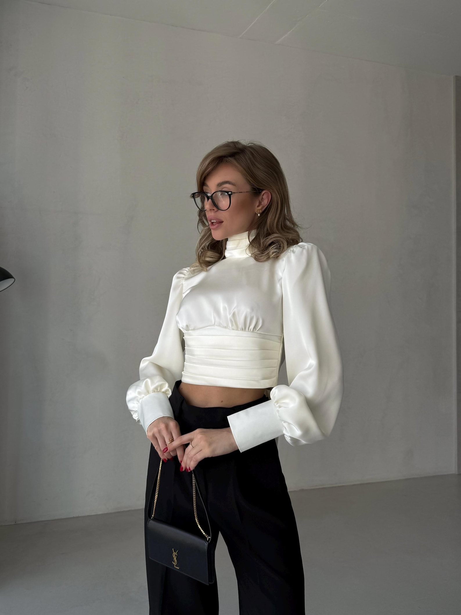 Ivory Silk Satin Open Back Midriff Blouse With Long Sleeves, Turtleneck ...