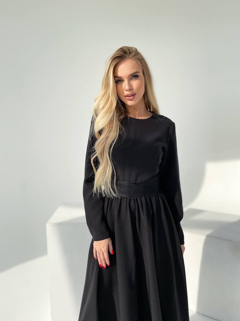 Black Midi Modest Dress for Women Black Fit and Flare Midi | Etsy