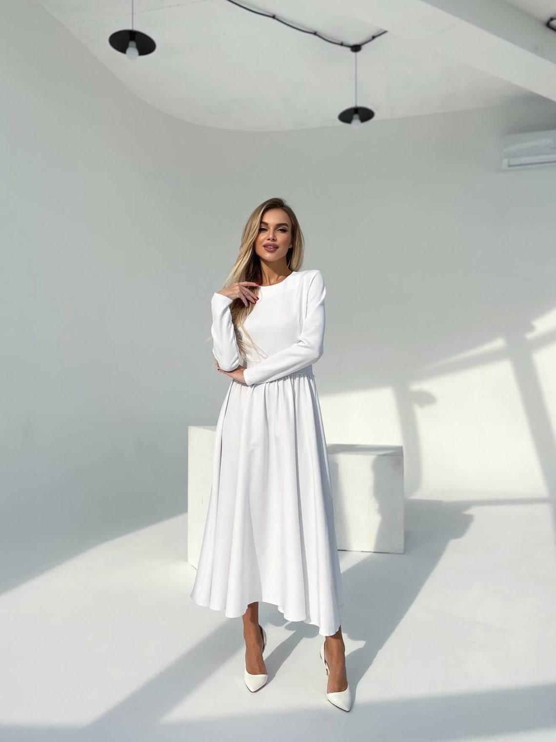 White Modest Midi Dress for Civil Wedding Courthouse Wedding - Etsy