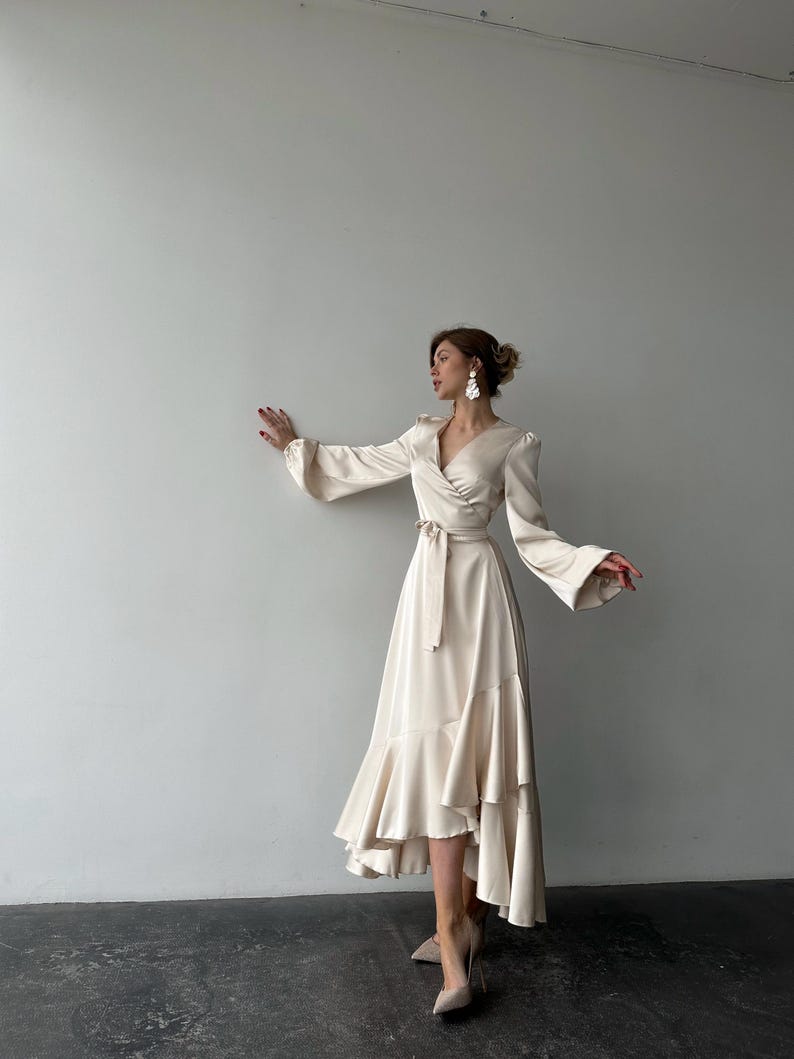 Ivory Silk Satin True Wrap Maxi Dress Long Sleeves for Courthouse ...