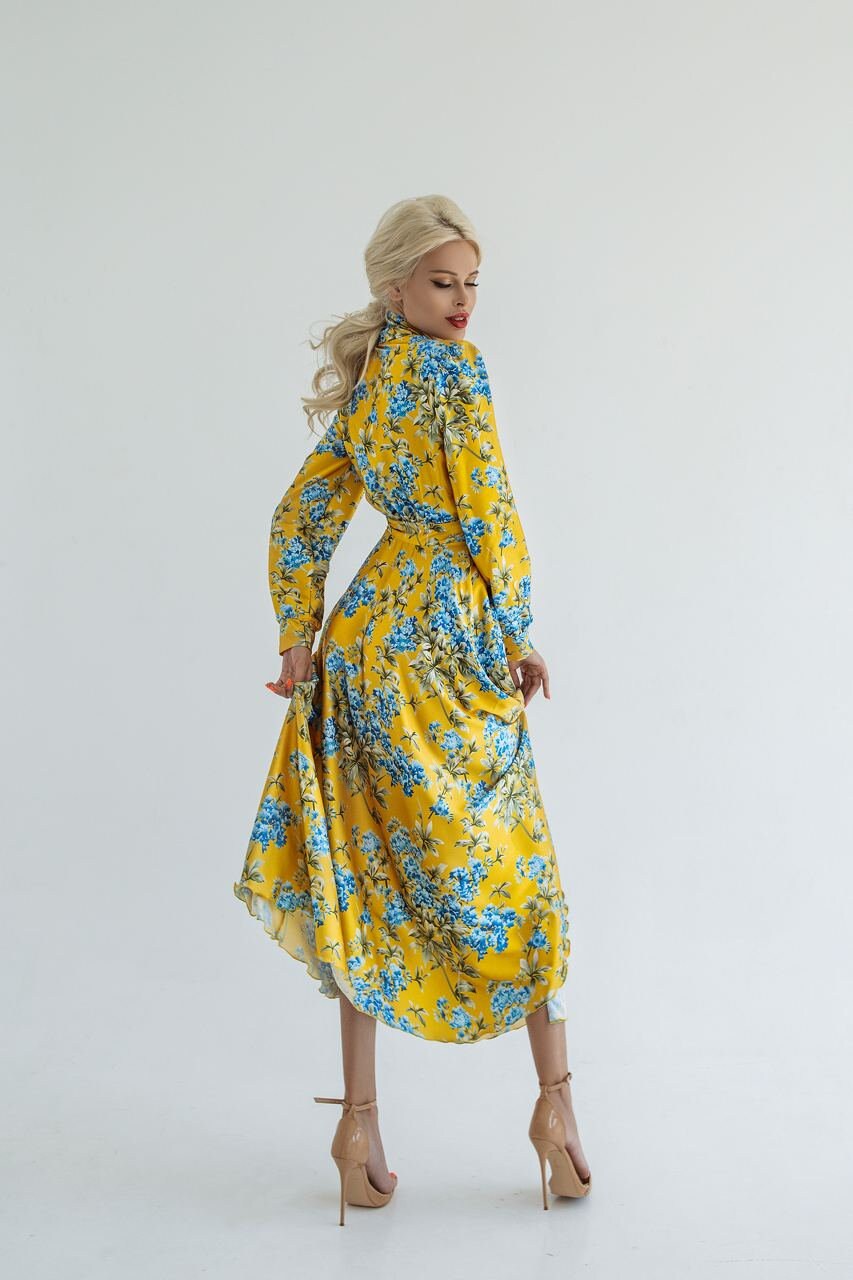 Yellow Silk Floral Midi Dress Silk Modest Dress for Women - Etsy