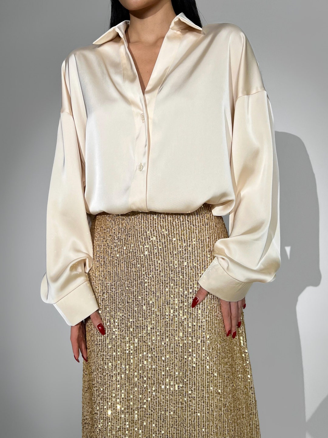 Champagne Silk Blouse With Long Sleeves, Ivory Silk Classy Collared ...