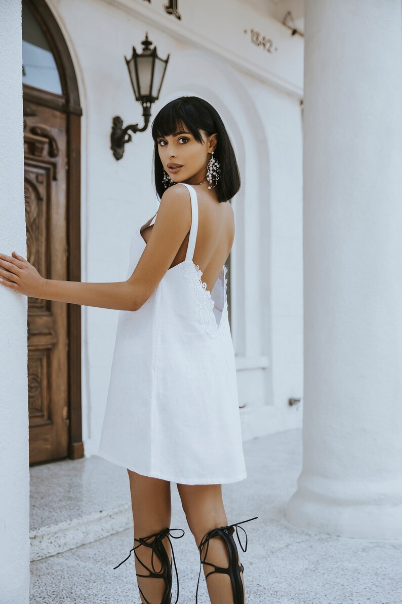 White Linen Mini Dress With Deep V-neck and Open Back - Etsy