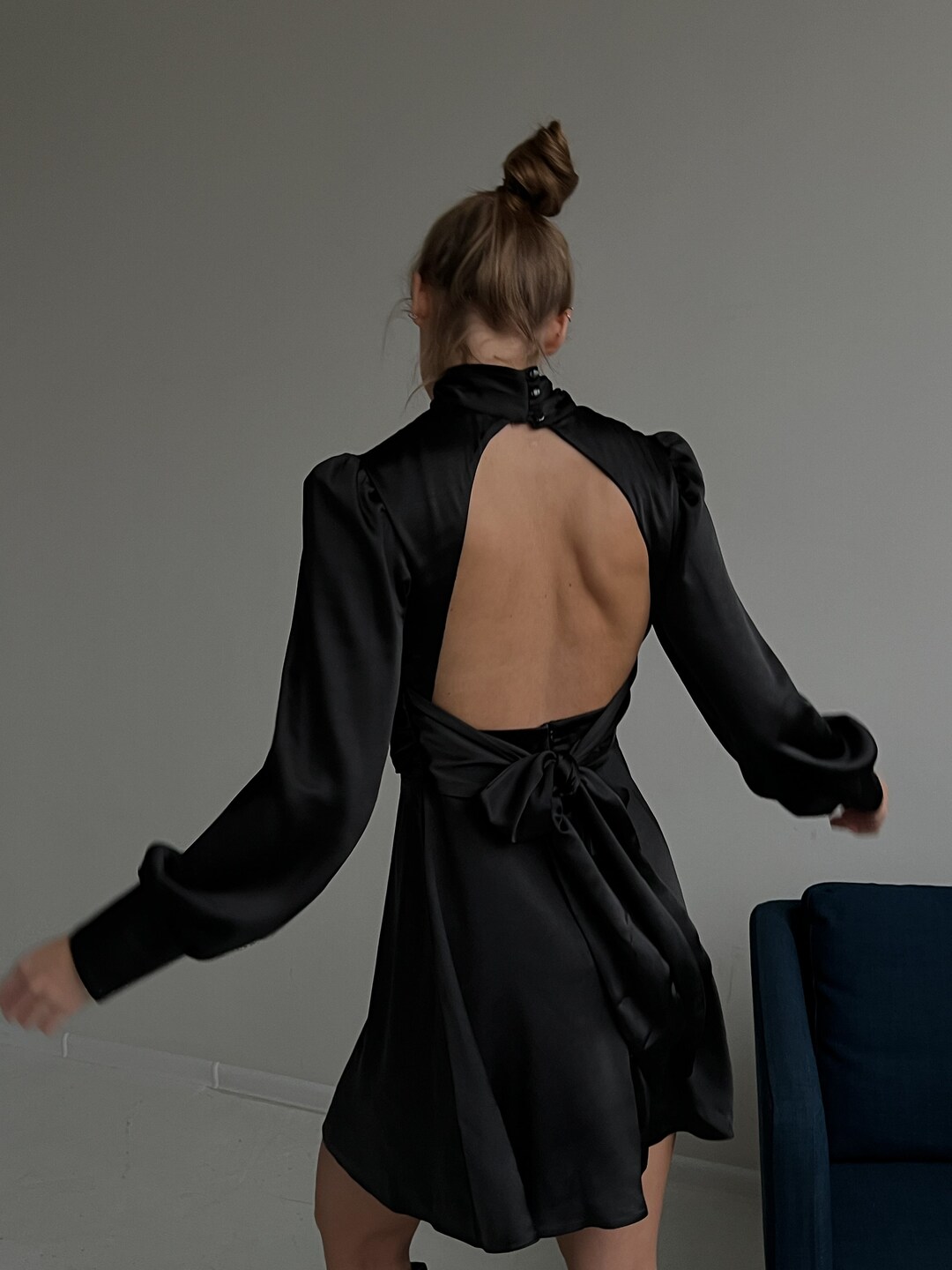 Black Silk Mini Dress With Long Sleeves and Open Back, Elegant Mini ...