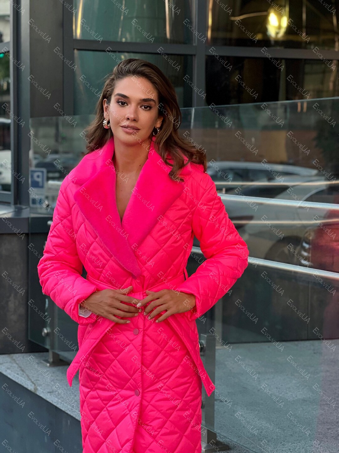 Hot Pink Wrap Puffer Coat for Women, Hot Pink Quilted Coat for Winter ...