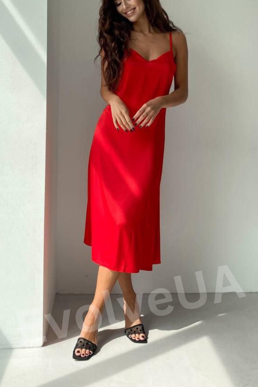 Red Silk Midi Slip Dress With Deep-v Neck, Midi Slip Dress in Classic ...