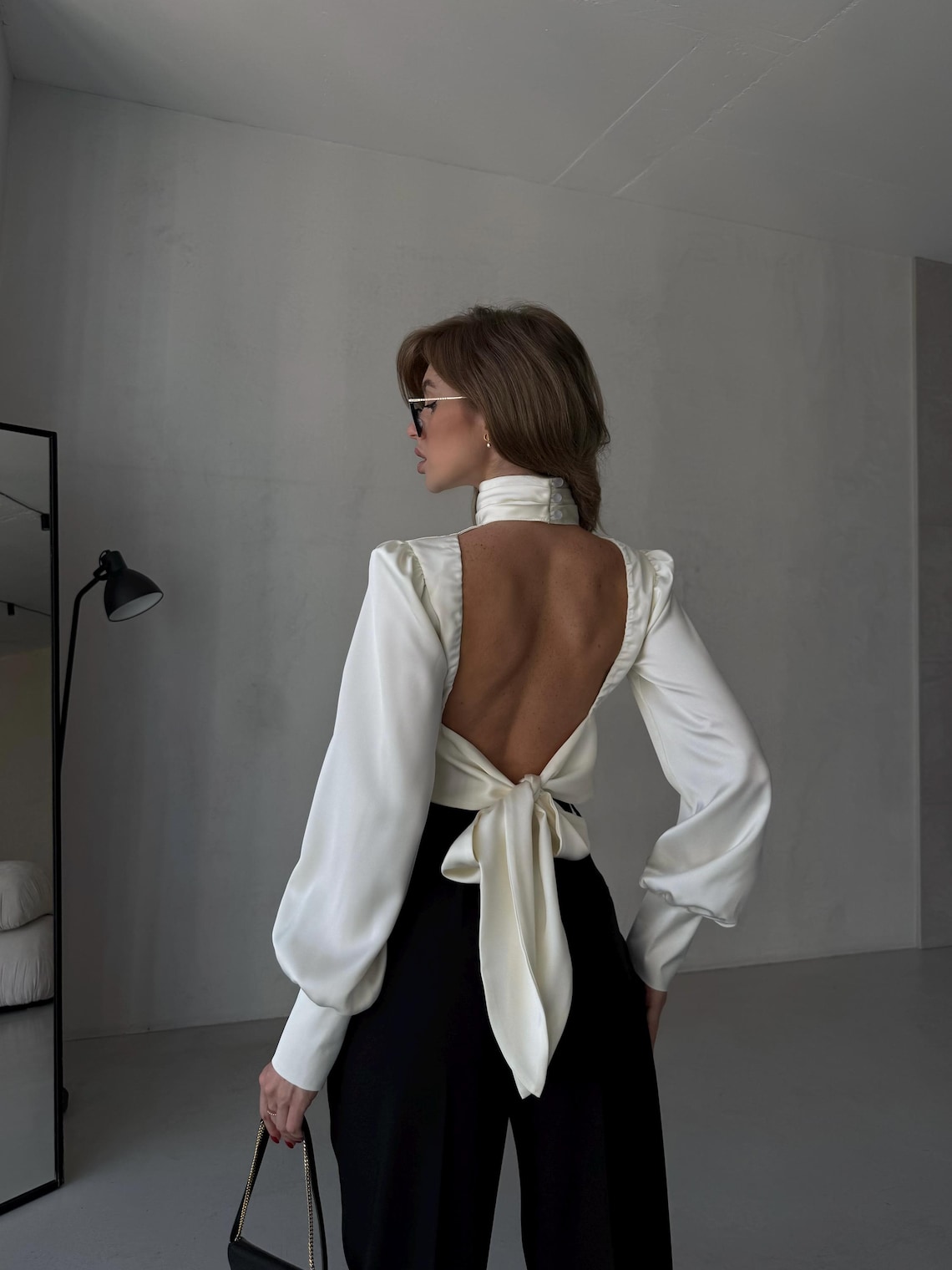 Ivory Silk Satin Open Back Midriff Blouse With Long Sleeves, Turtleneck ...