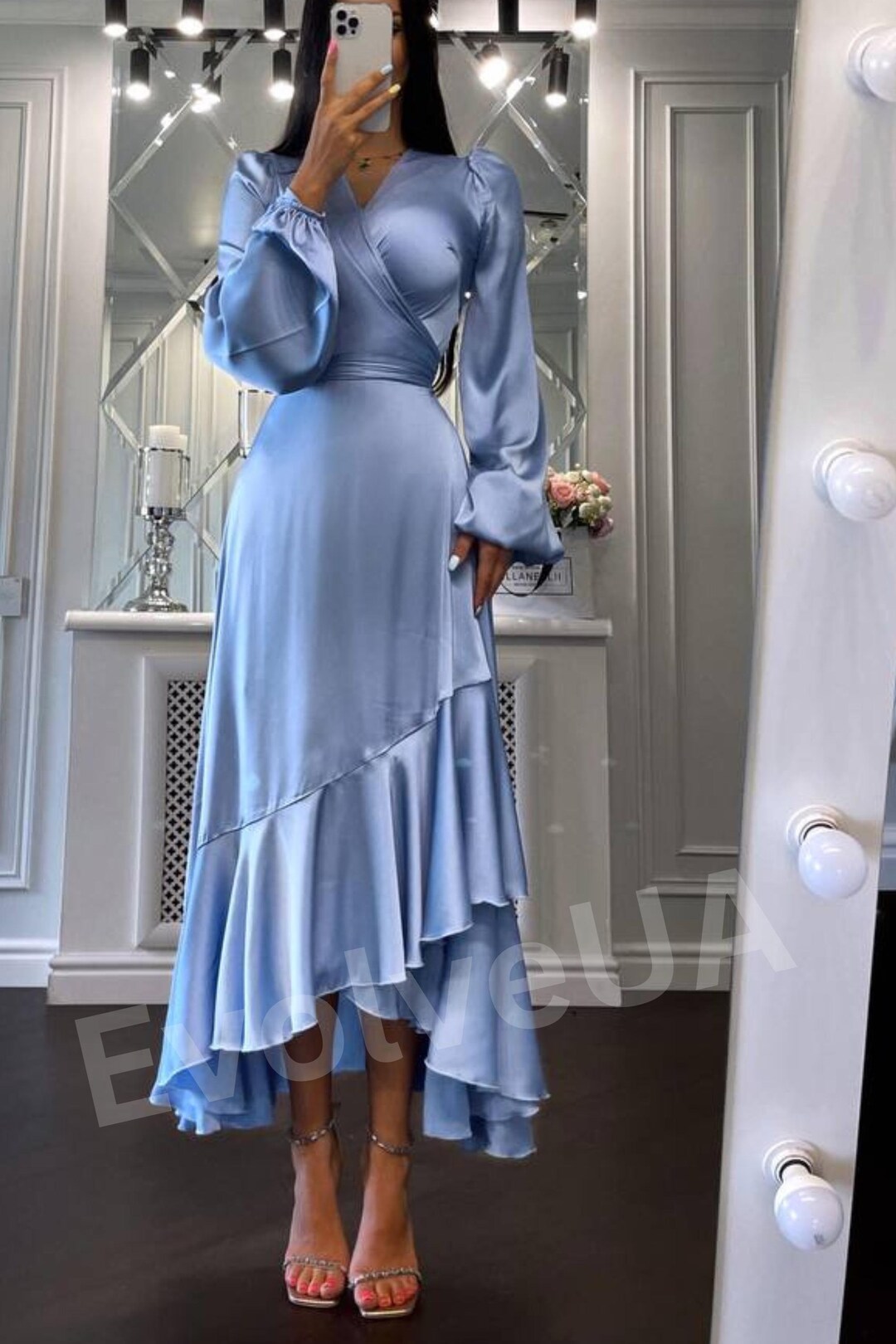 Light Blue Silk Wrap Dress Elegant, Silk Wrap Long Dress for Women ...