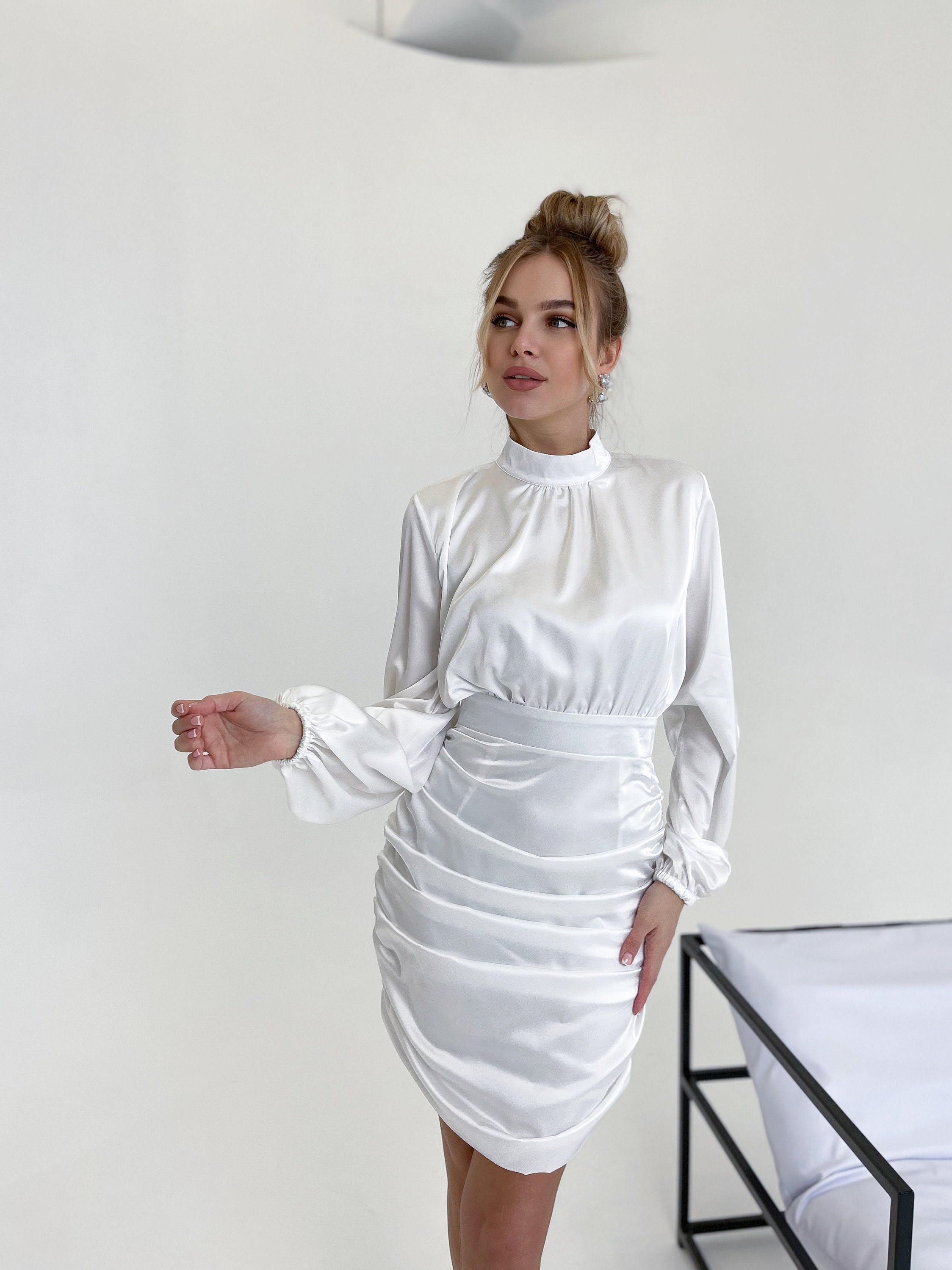 Silk Satin Mini Dress With Long Sleeves White Silk Mini Dress - Etsy
