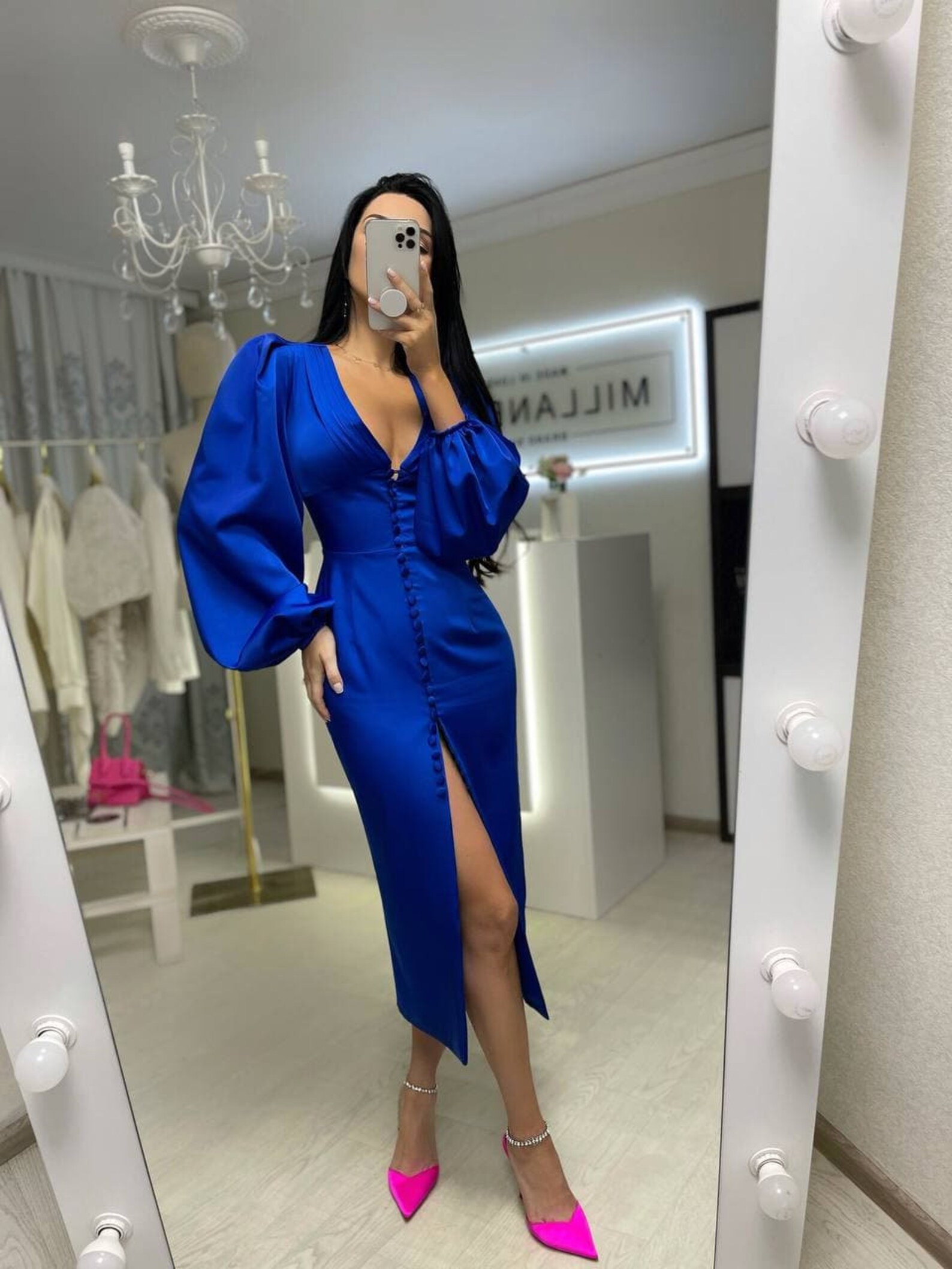 Electric Blue Satin Midi Bodycon Dress With Front Buttons and - Etsy