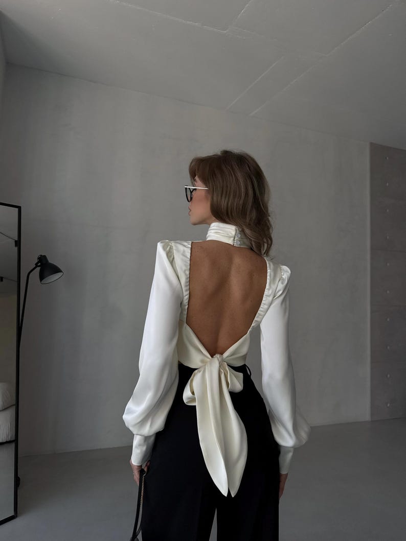Ivory Silk Satin Open Back Midriff Blouse With Long Sleeves, Turtleneck ...