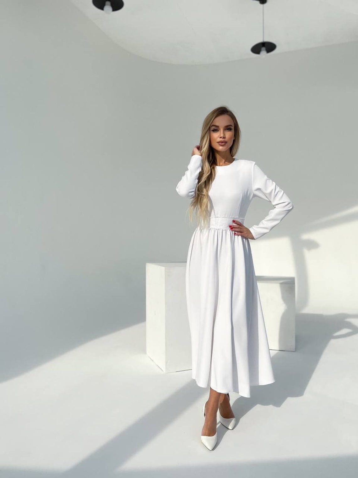 White Modest Midi Dress for Civil Wedding Courthouse Wedding - Etsy