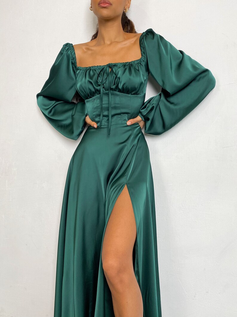 Emerald Green Silk Maxi Dress With Side Slit and Bishop - Etsy