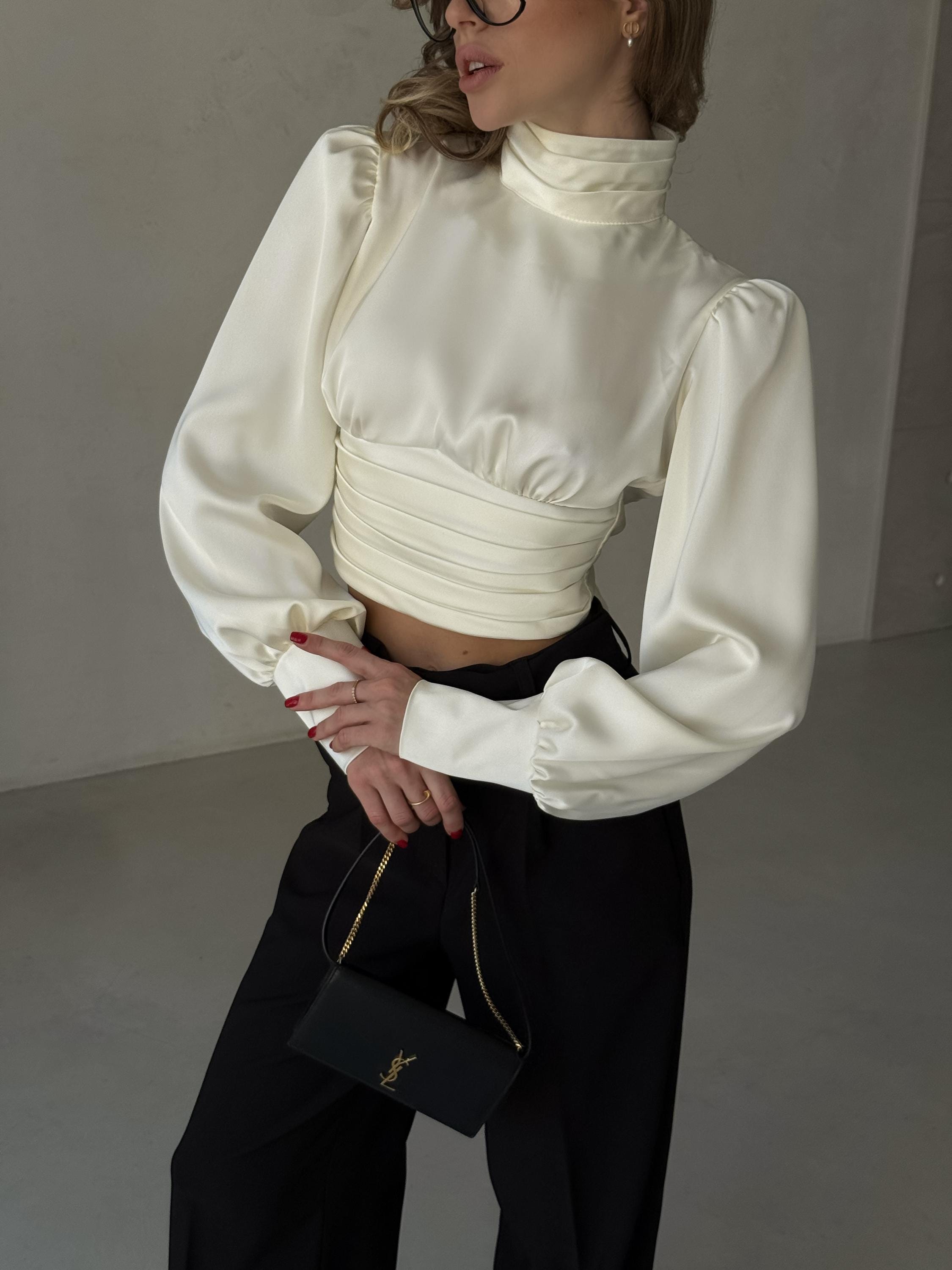 Ivory Silk Satin Open Back Midriff Blouse With Long Sleeves, Turtleneck ...