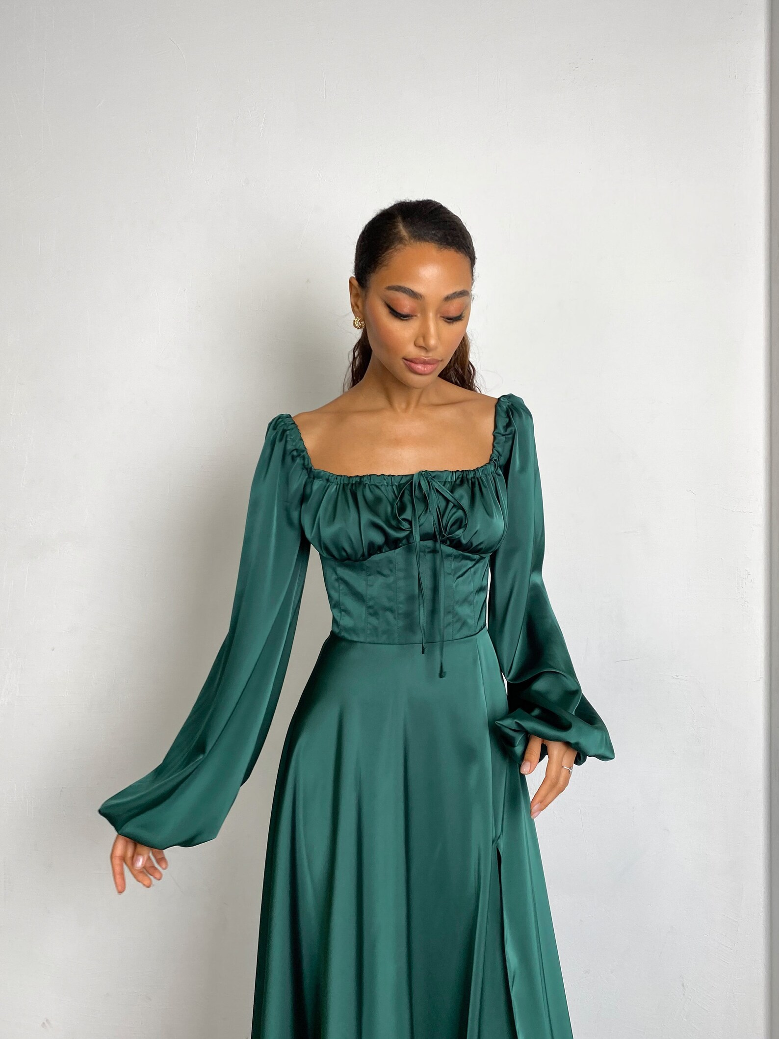 Emerald Green Silk Maxi Dress With Side Slit and Bishop - Etsy