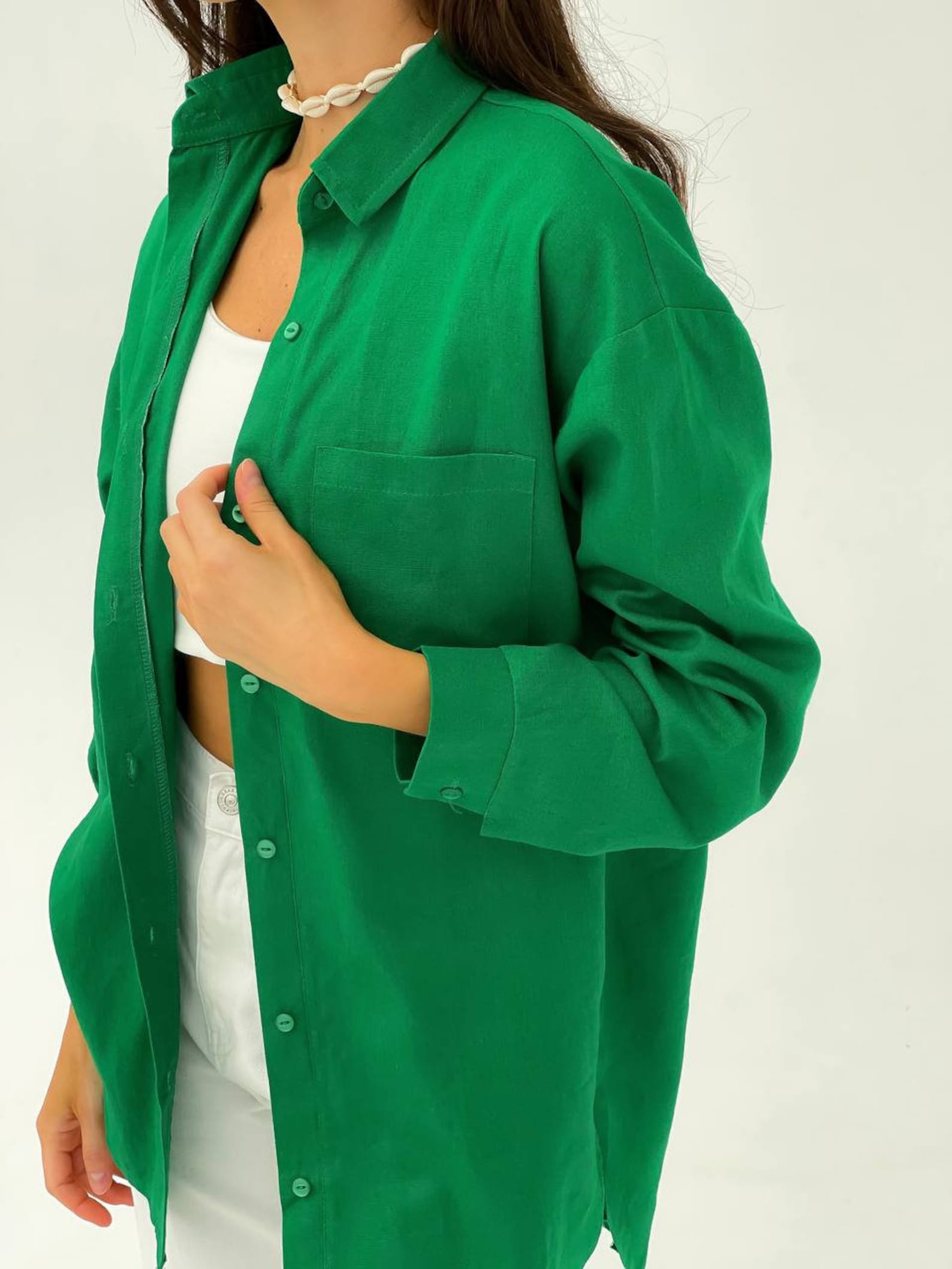 Grass Green Linen Shirt for Women Oversized, Natural Linen Top With ...