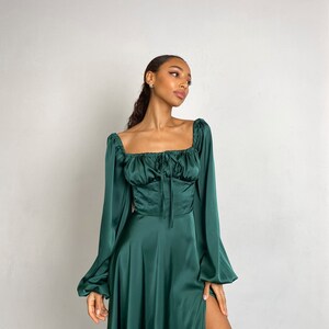 Emerald Green Silk Maxi Dress With Side Slit and Bishop - Etsy