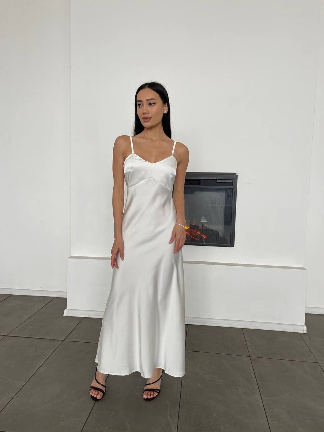 White Silk Slip Dress Midi V Neck Slip Dress For Women Civil Etsy