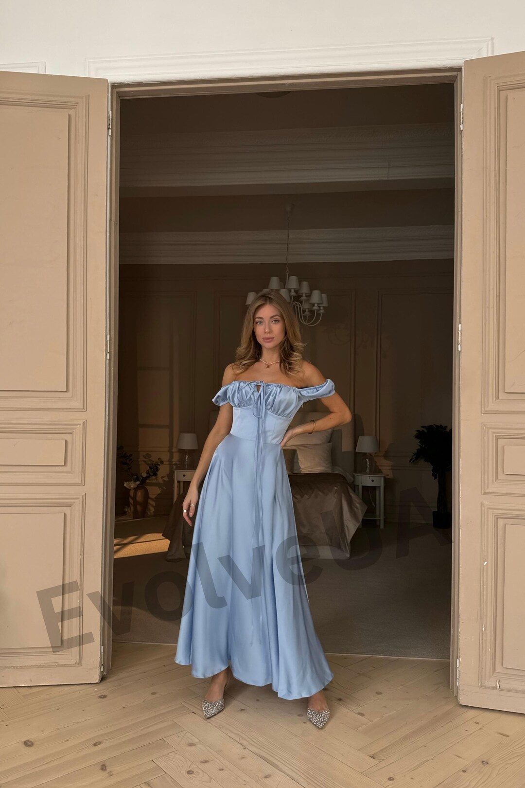 Light Blue Silk Maxi Dress With Leg Slit, Baby Blue Elegant Silk Maxi ...