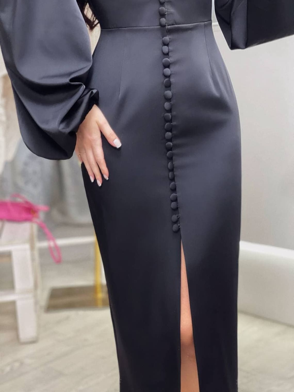 Black Satin Midi Bodycon Dress With Front Buttons and Wide - Etsy