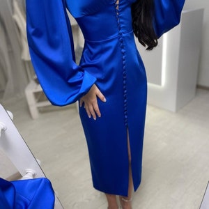 Electric Blue Satin Midi Bodycon Dress With Front Buttons and Wide ...