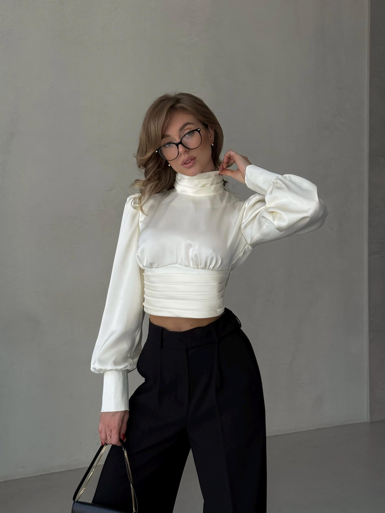 Ivory Silk Satin Open Back Midriff Blouse With Long Sleeves, Turtleneck ...